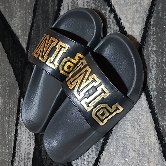 PINK Victoria's Secret | Shoes | Vs Pink Gold Shine Logo Slides Sandals ...